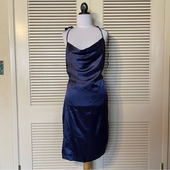 Cider | Dresses | Cider Satin Cowl Ruched Strappy Navy Bodycon Dress ...